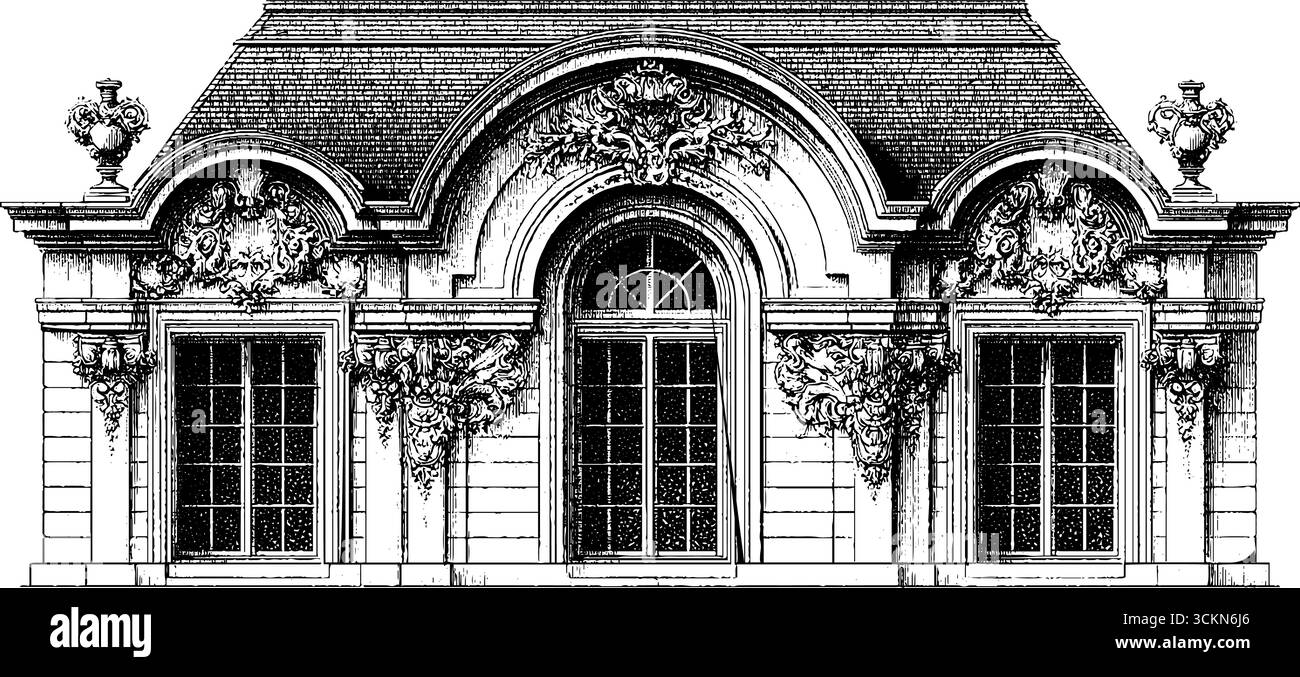 Detailed engraving of rococo manor facade with ornate architectural ...