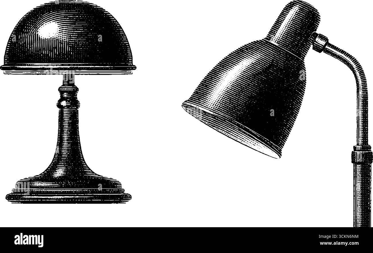 Vintage office decor: engraved lamp and desk illustration for design ...