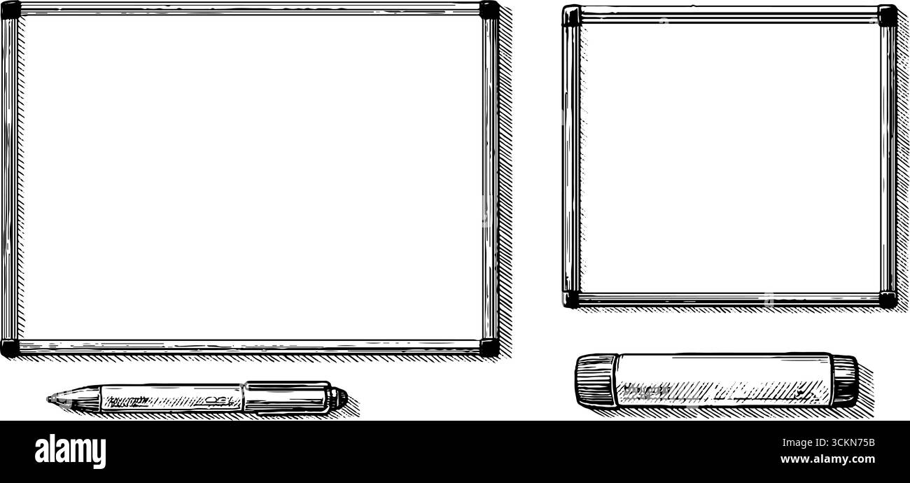 Engraved black and white illustration of whiteboard and notepad with ...