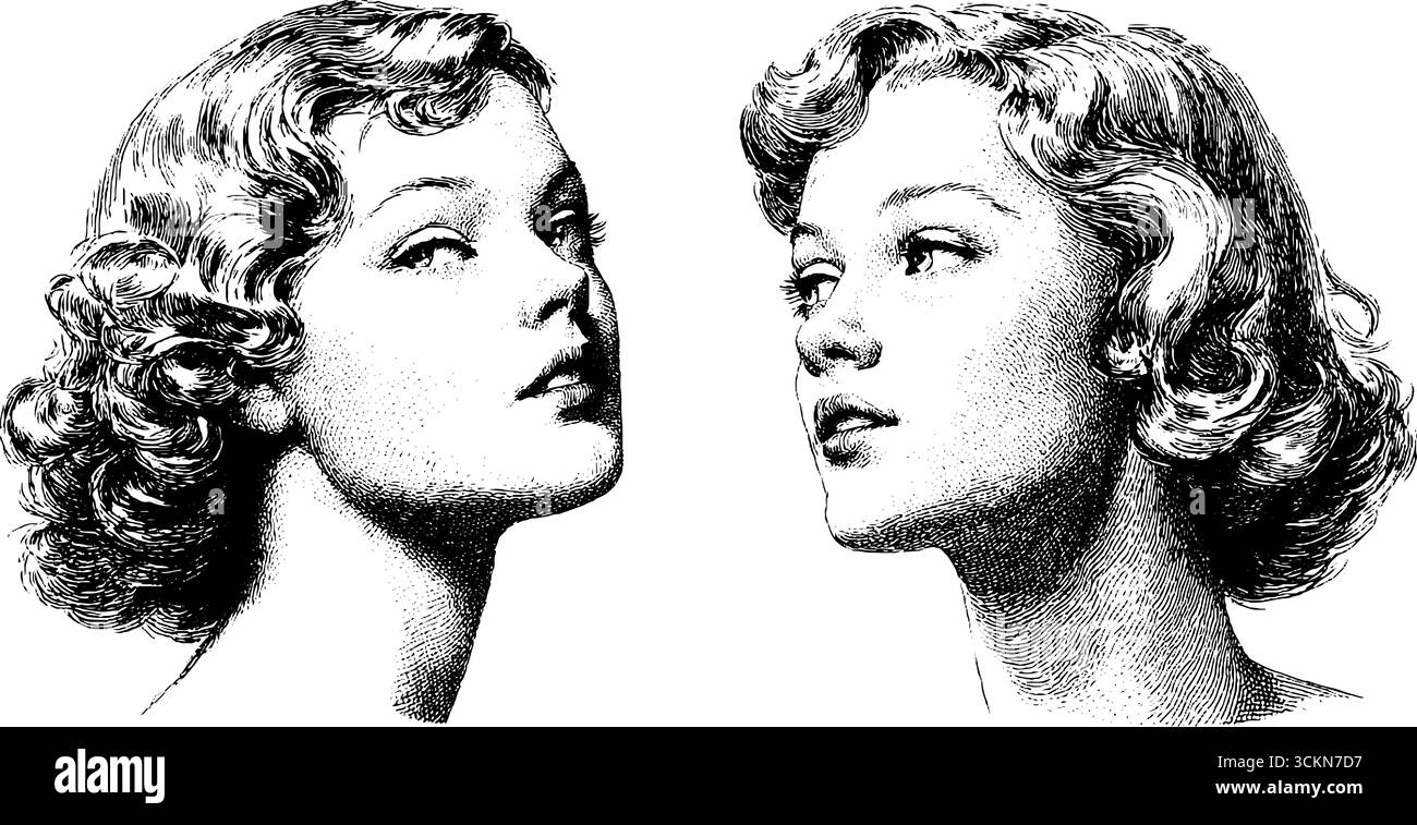 Vintage engraved portraits of elegant woman with curved neck poses ...