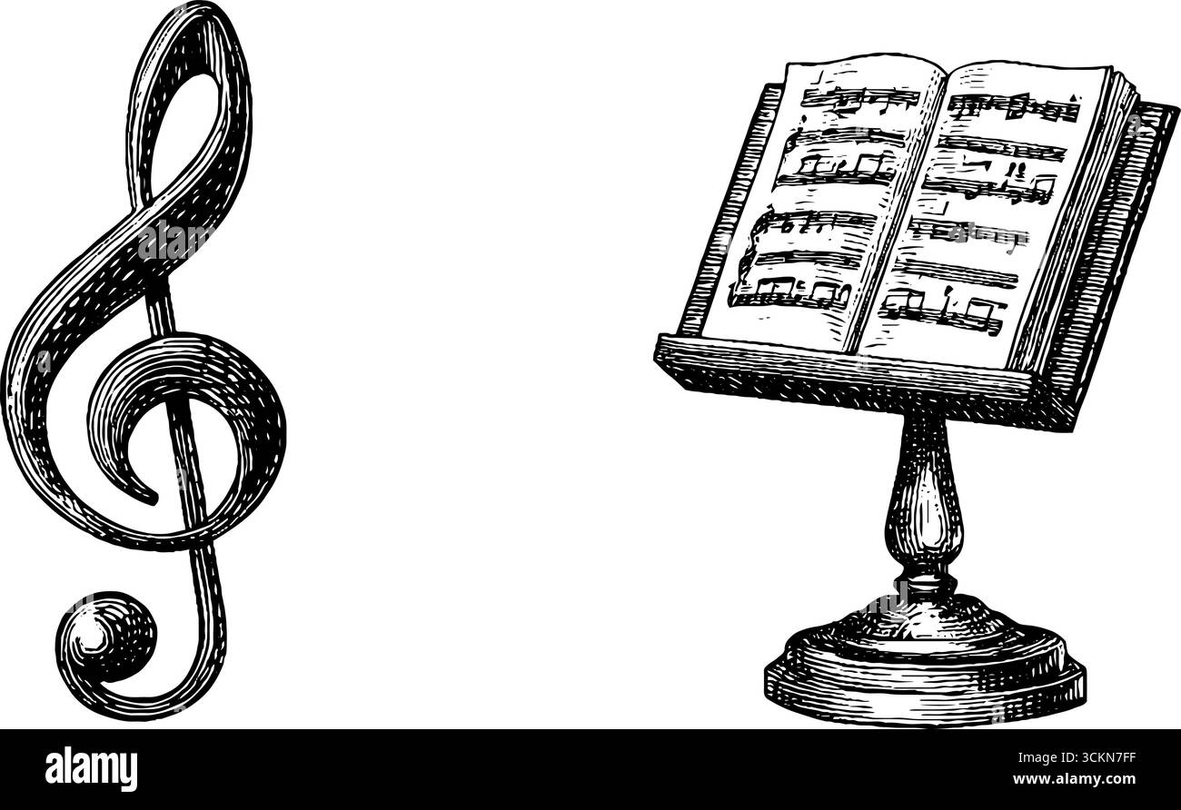 Engraved music note and treble clef illustration for musical design ...