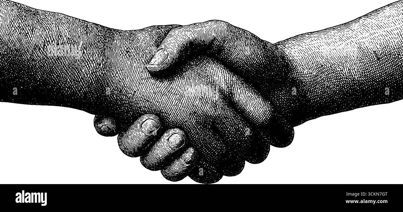 Engraved illustration of a firm handshake symbolizing partnership and ...