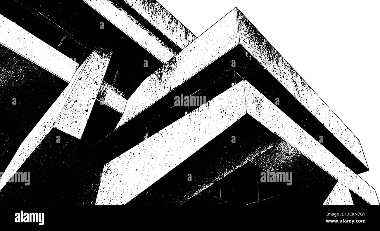 Engraved brutalist architecture illustration featuring geometric ...