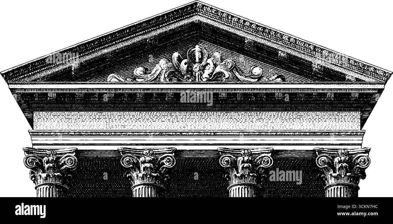 Classical architecture engraving featuring corinthian columns and ...