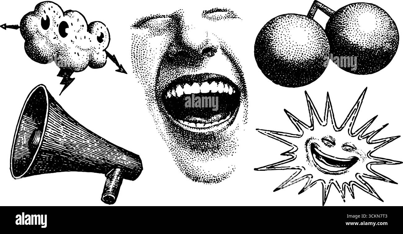 Engraved comic illustrations of speech balloons and expressive faces ...