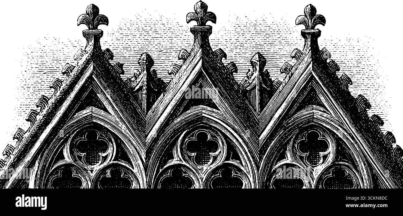 Gothic revival facade engraving with ornate architectural details Stock ...