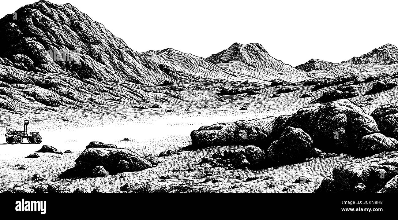 Engraved illustration of mars terrain with rover and rocky landscape ...