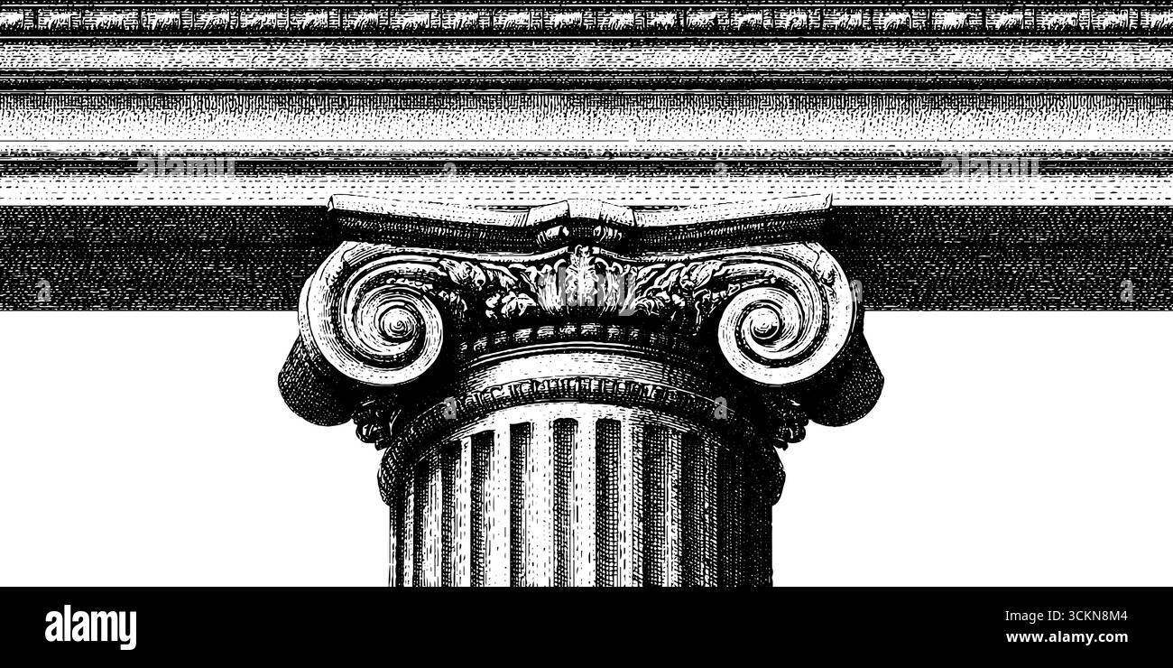 Detailed engraved illustration of neoclassical architecture with fluted ...