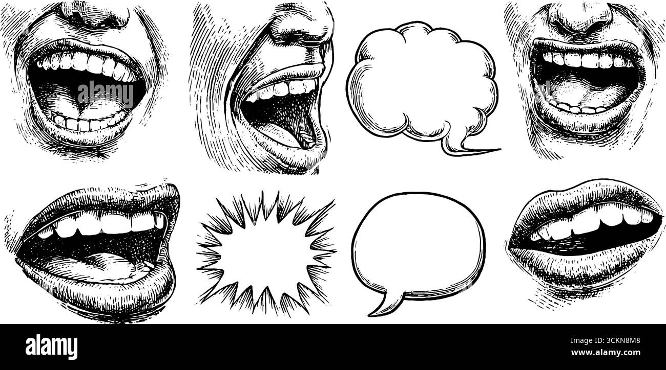 Engraved illustration set featuring dramatic facial expressions and ...