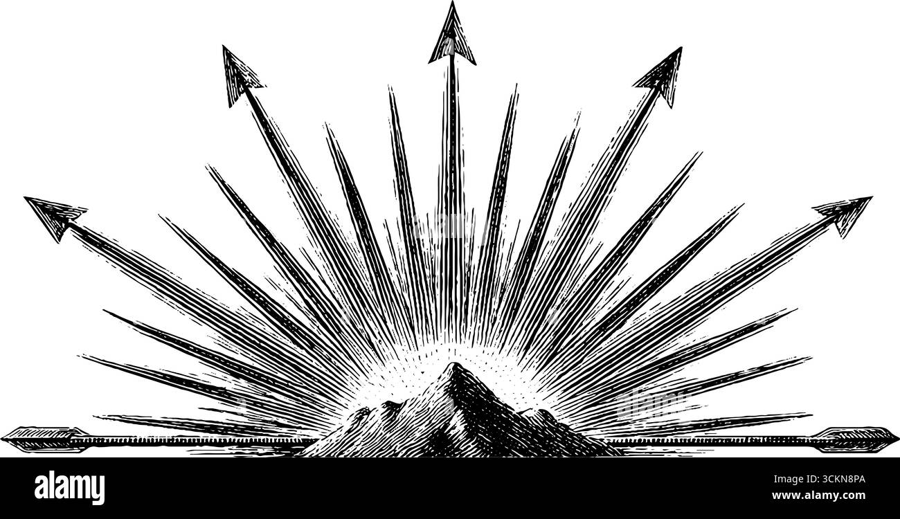 Vintage engraved illustration of fan rays and rising arrows for design ...
