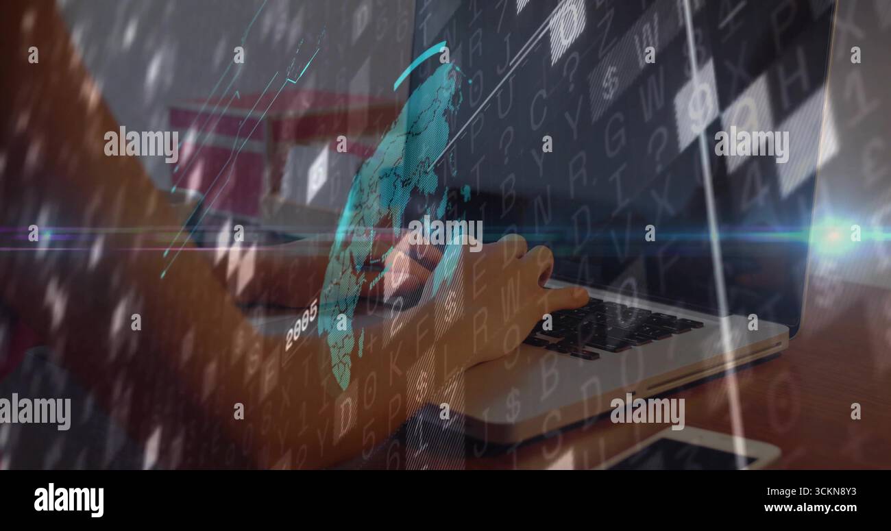 Typing Chinese woman navigating code and digital world map on laptop at ...