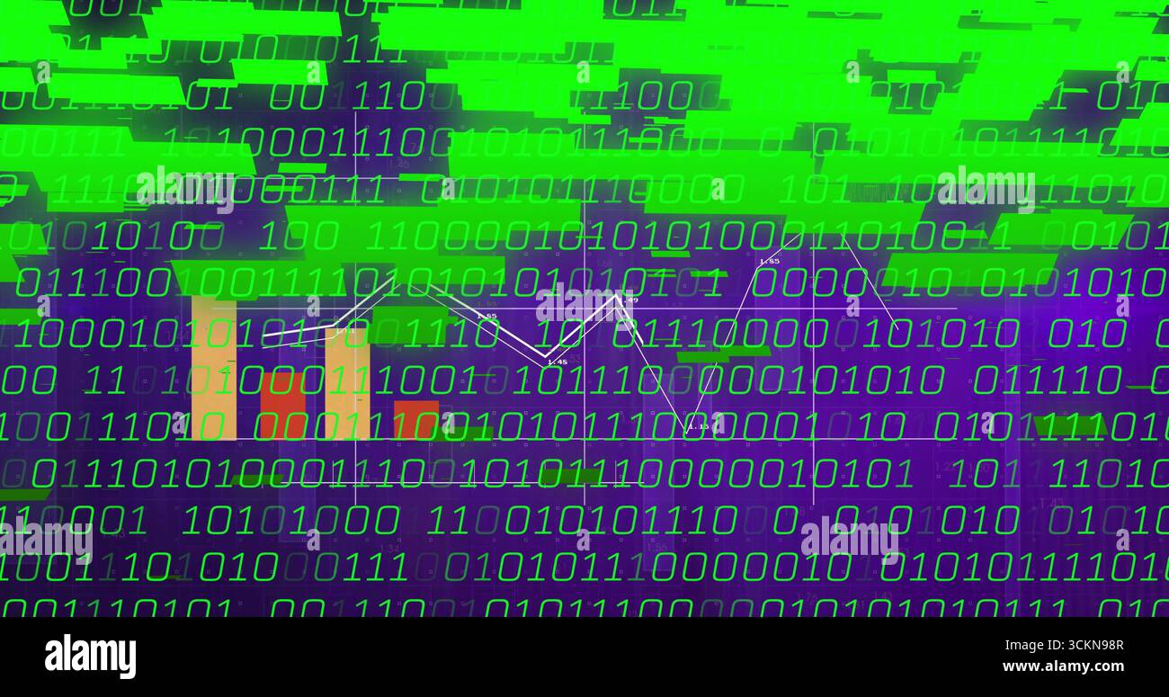 Displaying line graph and colored bar chart in abstract dashboard, with green binary code ...