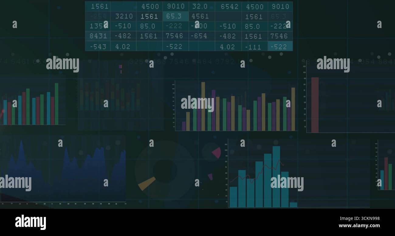 Showing dark dashboard on monitor, with data table, bar charts, line ...