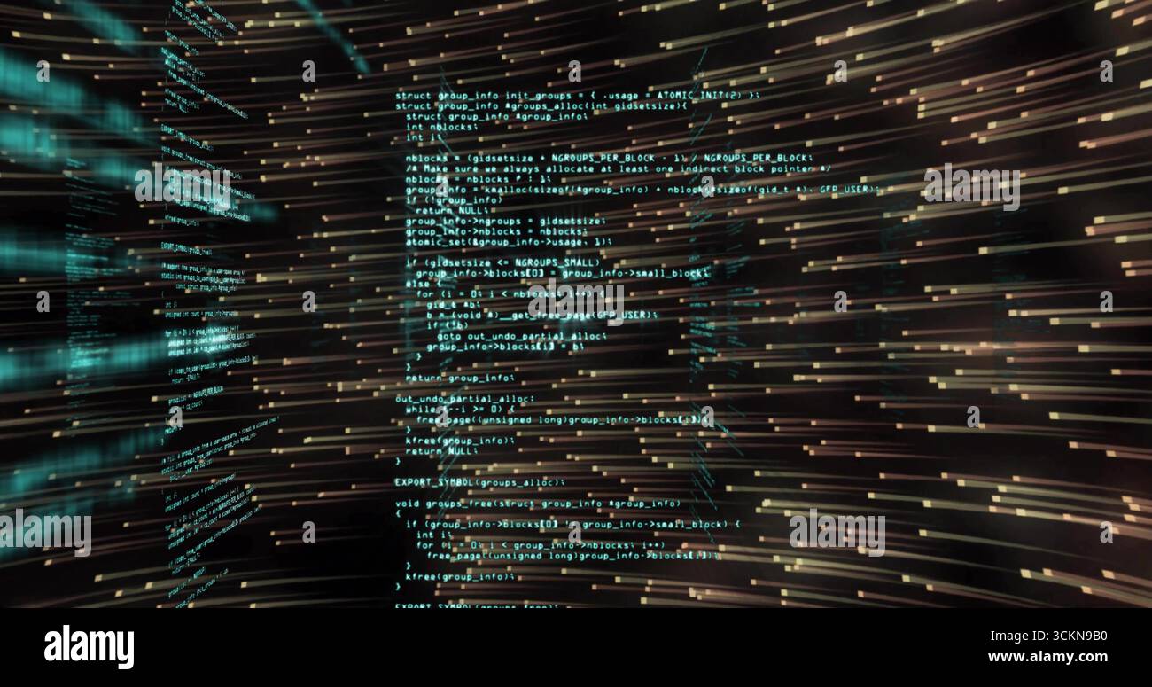 Displaying central code panel projecting colorful data flow in virtual ...