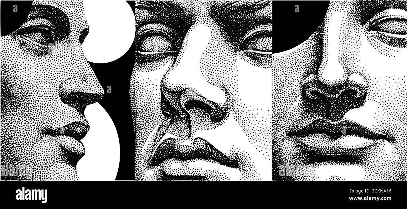 Engraved human faces in layered design for artistic projects Stock ...