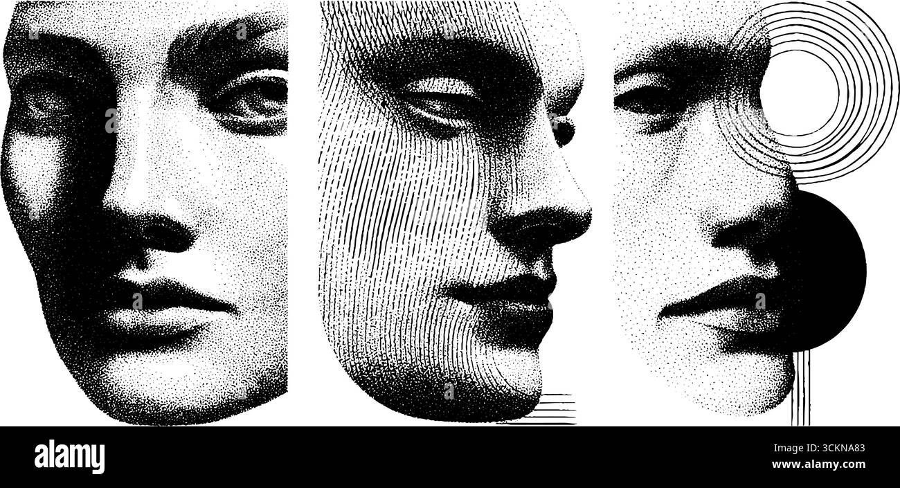 Artistic collection of engraved abstract faces illustrating unique ...