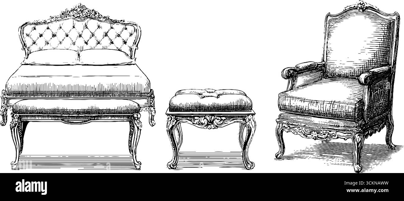 Vintage engraved furniture with upholstered bed, chair, and ottoman for ...