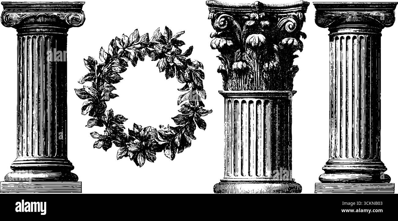 Ornate ancient columns and decorative wreath design for historical ...