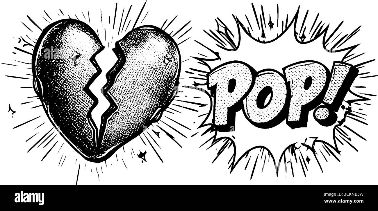 Engraved illustration of broken heart and pop burst for graphic design ...