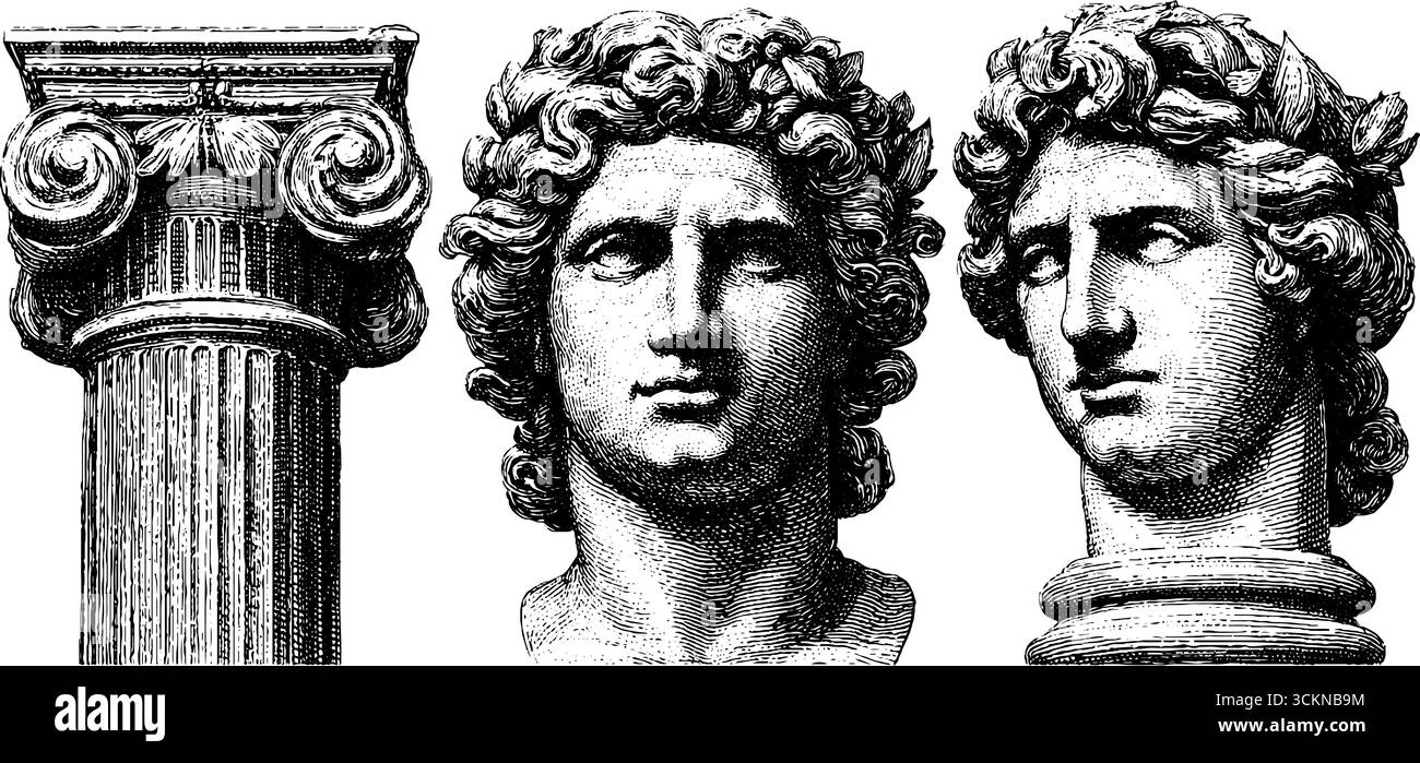 Classical engraved busts and corinthian column with curly hair ...