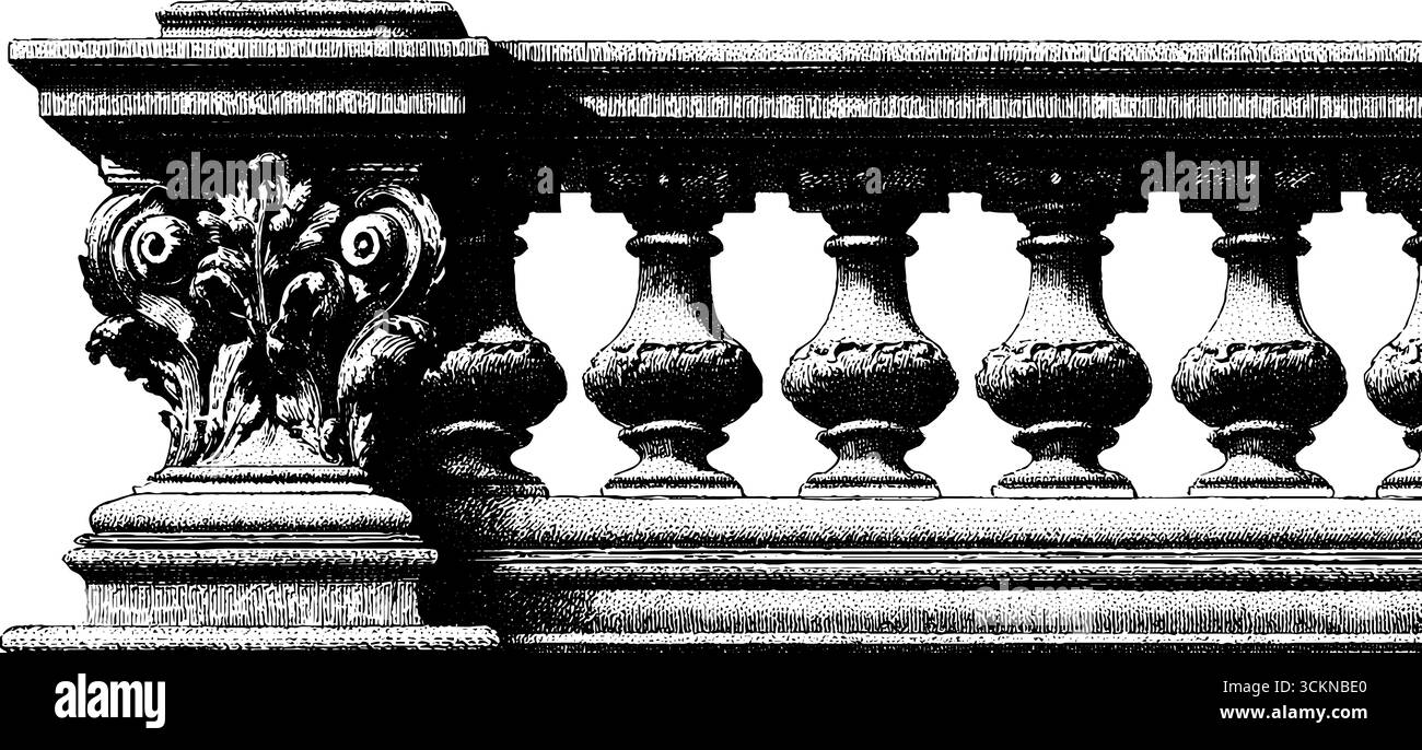Detailed engraving of baroque palace facade with ornate architecture ...