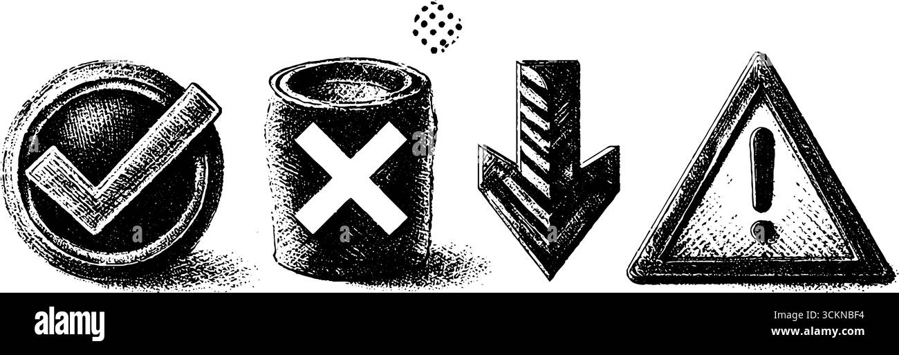 Vintage engraved symbols collection: checkmark, cross, arrow ...