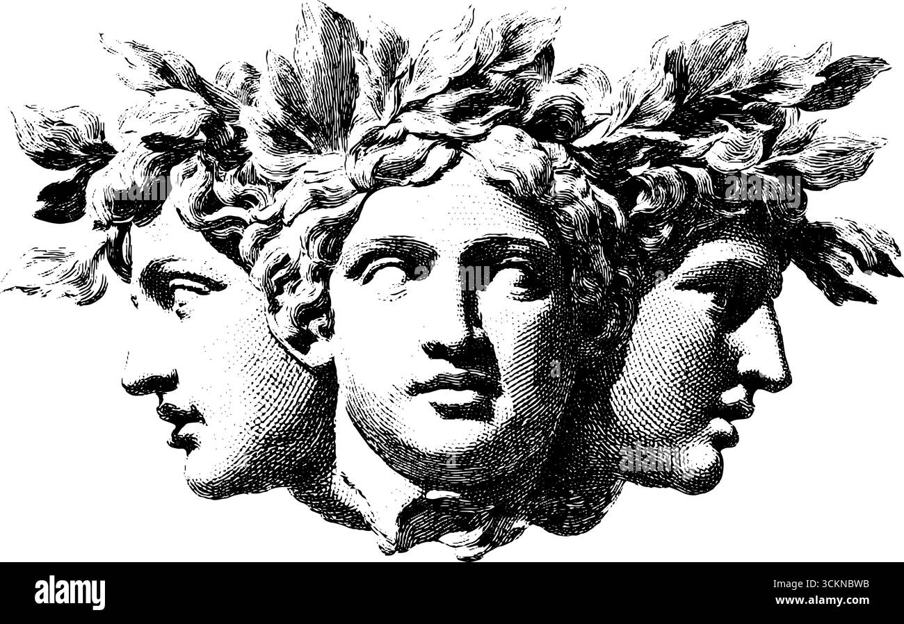 Engraved illustration of sculpted female figures in classical style ...