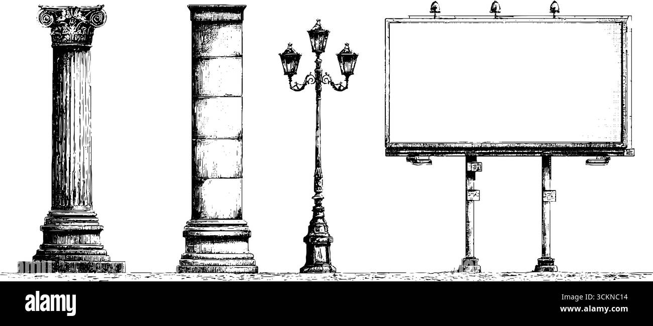 Engraved illustration of concrete column and urban elements for ...
