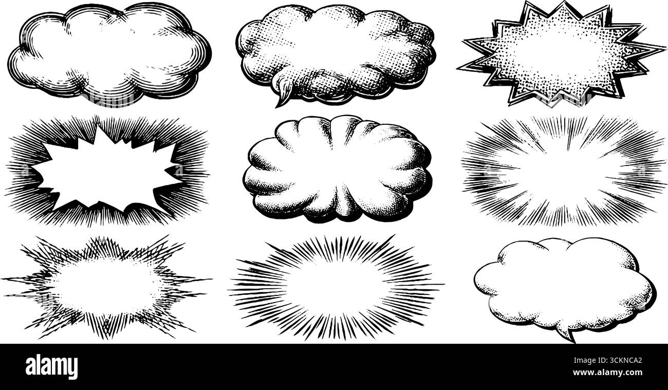 Vintage engraved set of speech balloons and comic clouds for design ...
