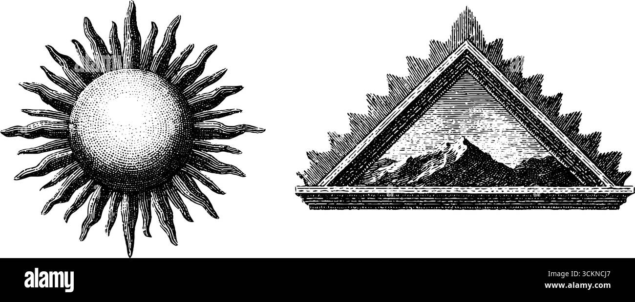 Vintage engraved sun crest and wedge design for artistic and decorative ...