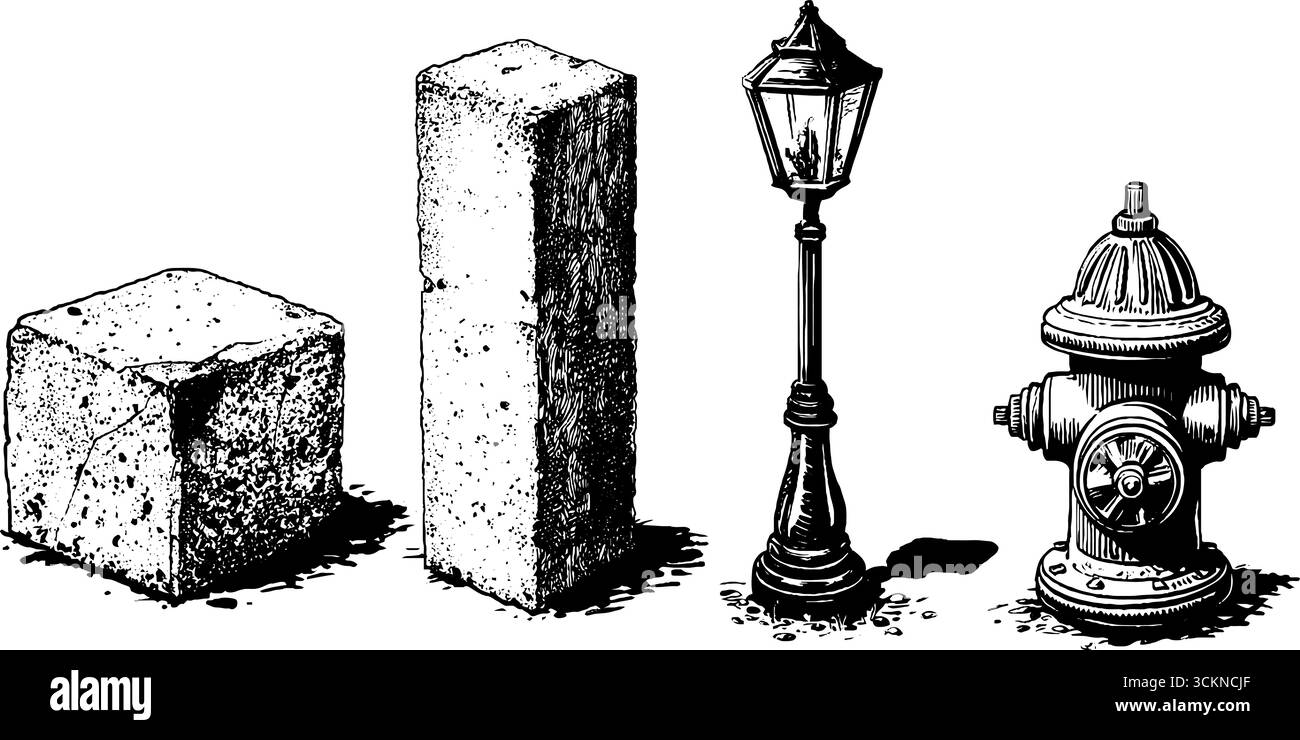 Urban elements engraving set with concrete blocks, street lamp, and ...