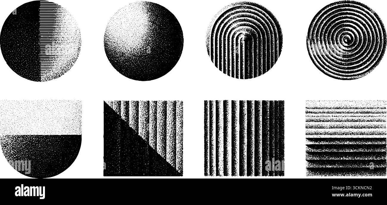 Geometric engraved illustration set featuring circle and square ...