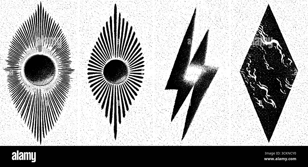 Engraved vintage illustrations of flaring rays and geometric shapes for ...