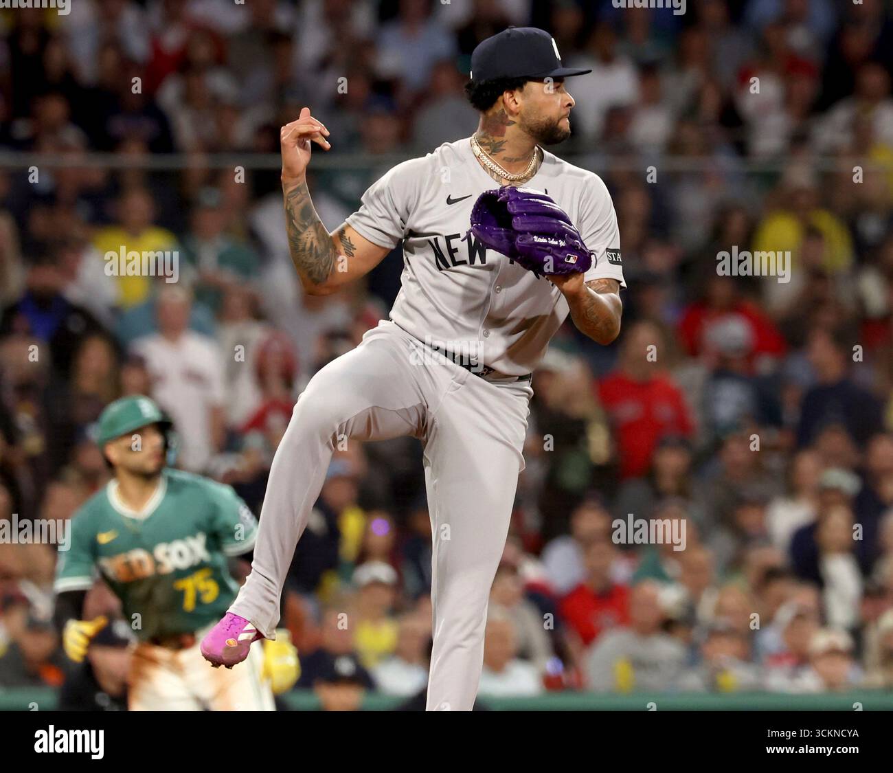 New York Yankees pitcher Luis Gil reacts after a high fly ball was ...