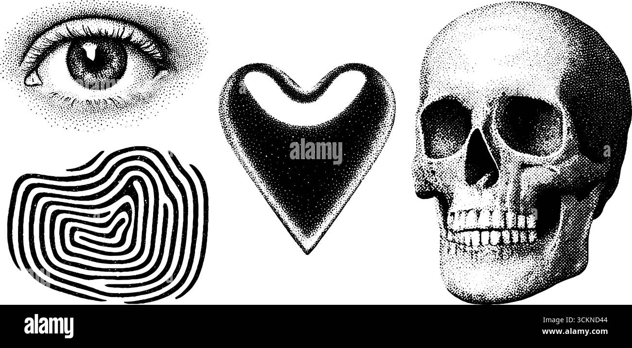 Engraved illustration set featuring glitch eye, liquid shapes, heart ...