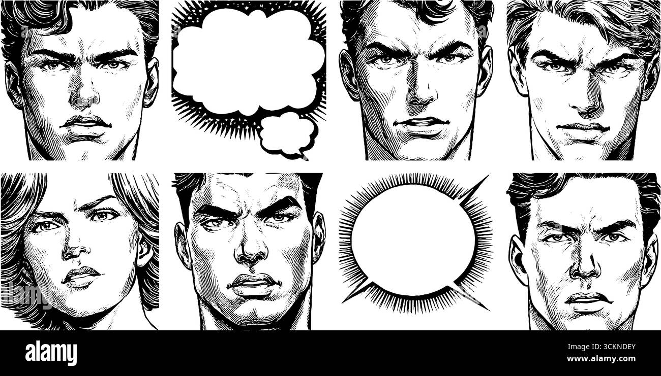 Engraved manga faces with speech bubbles for comic design and art ...