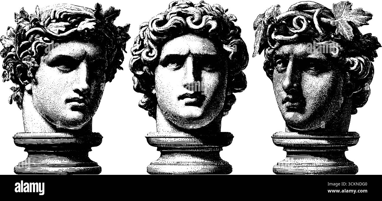 Classical marble sculpture engraving with ornate facial designs for art ...