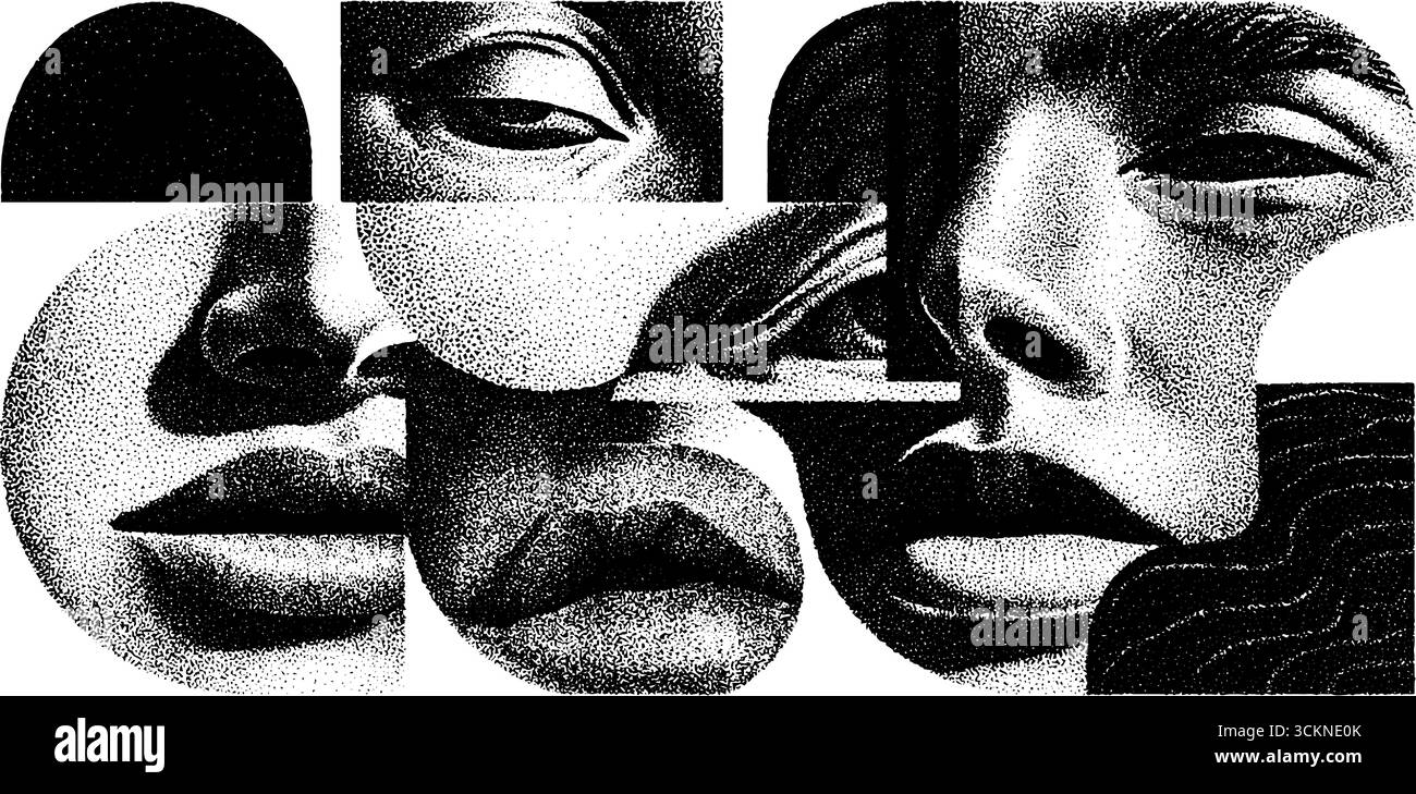 Engraved illustration set of fragmented faces for artistic design ...
