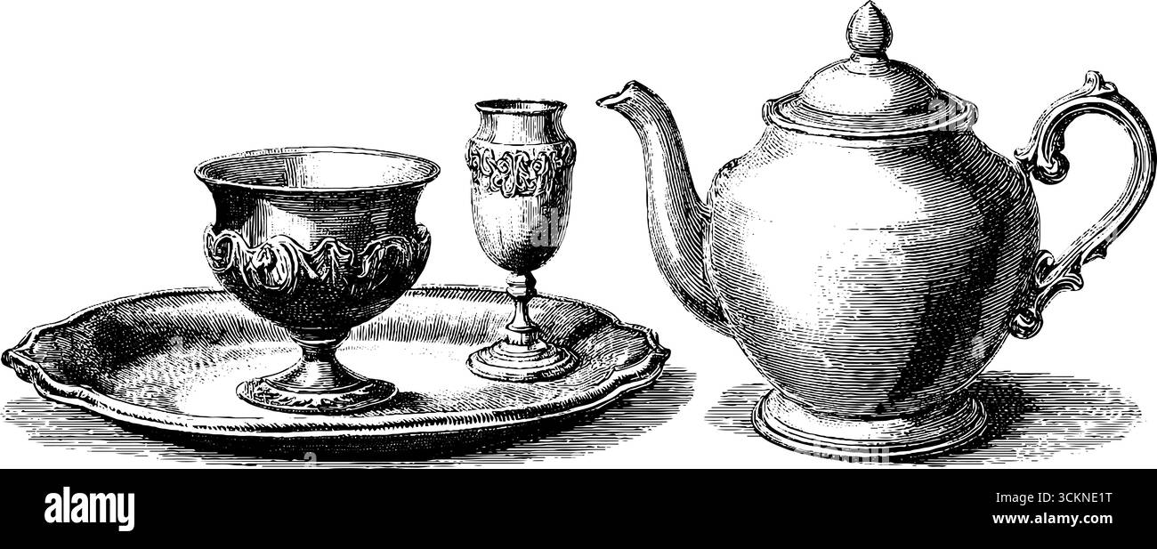 Baroque teapot and cup set engraved illustration for vintage design ...