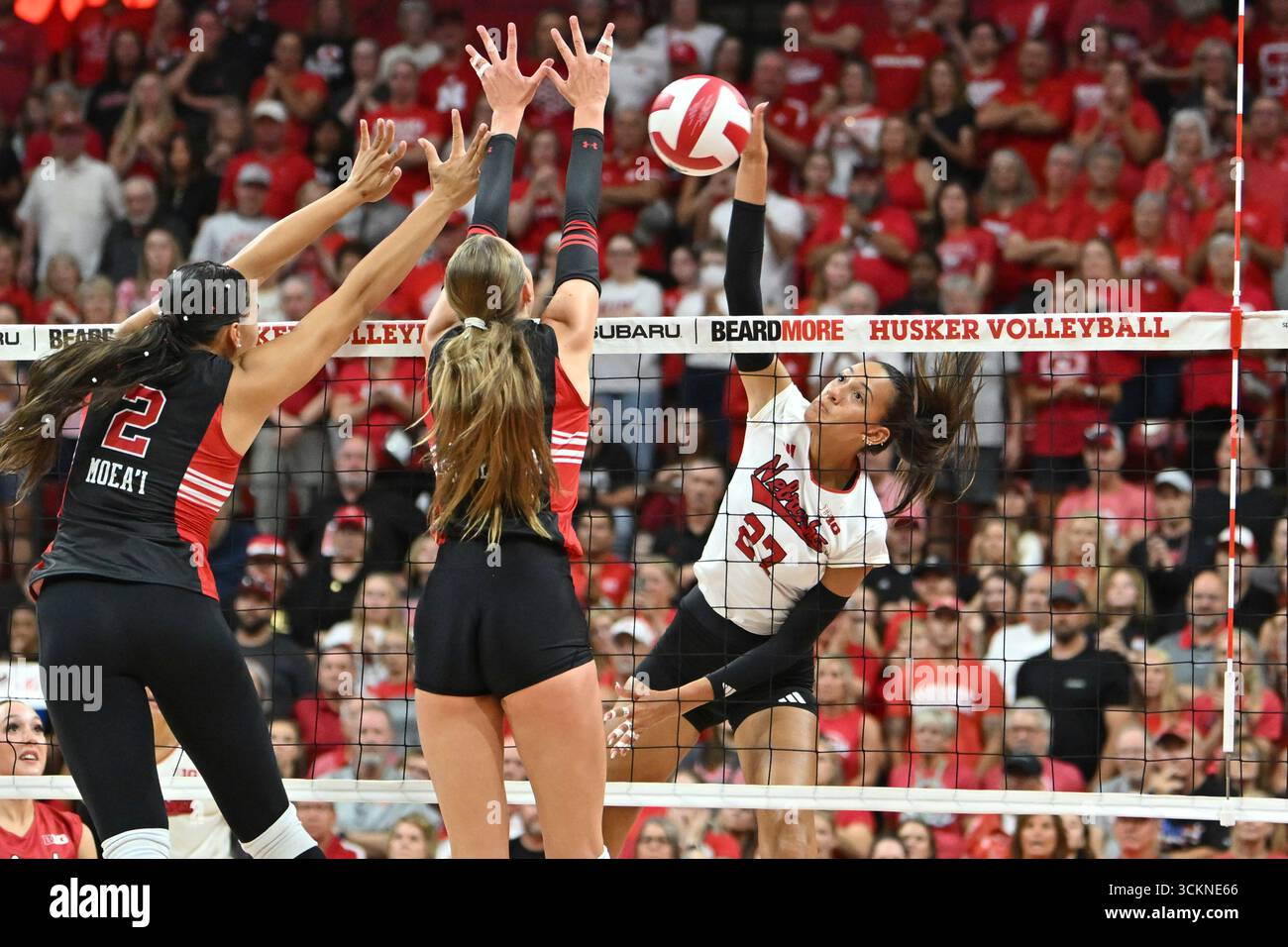 Nebraska's Harper Murray (27) gets a kill during the second set of an ...