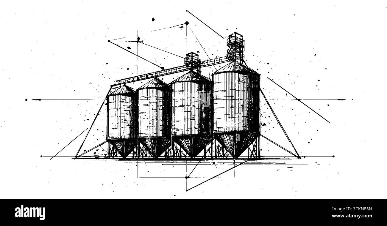 Engraved industrial silo design with detailed technical elements for ...