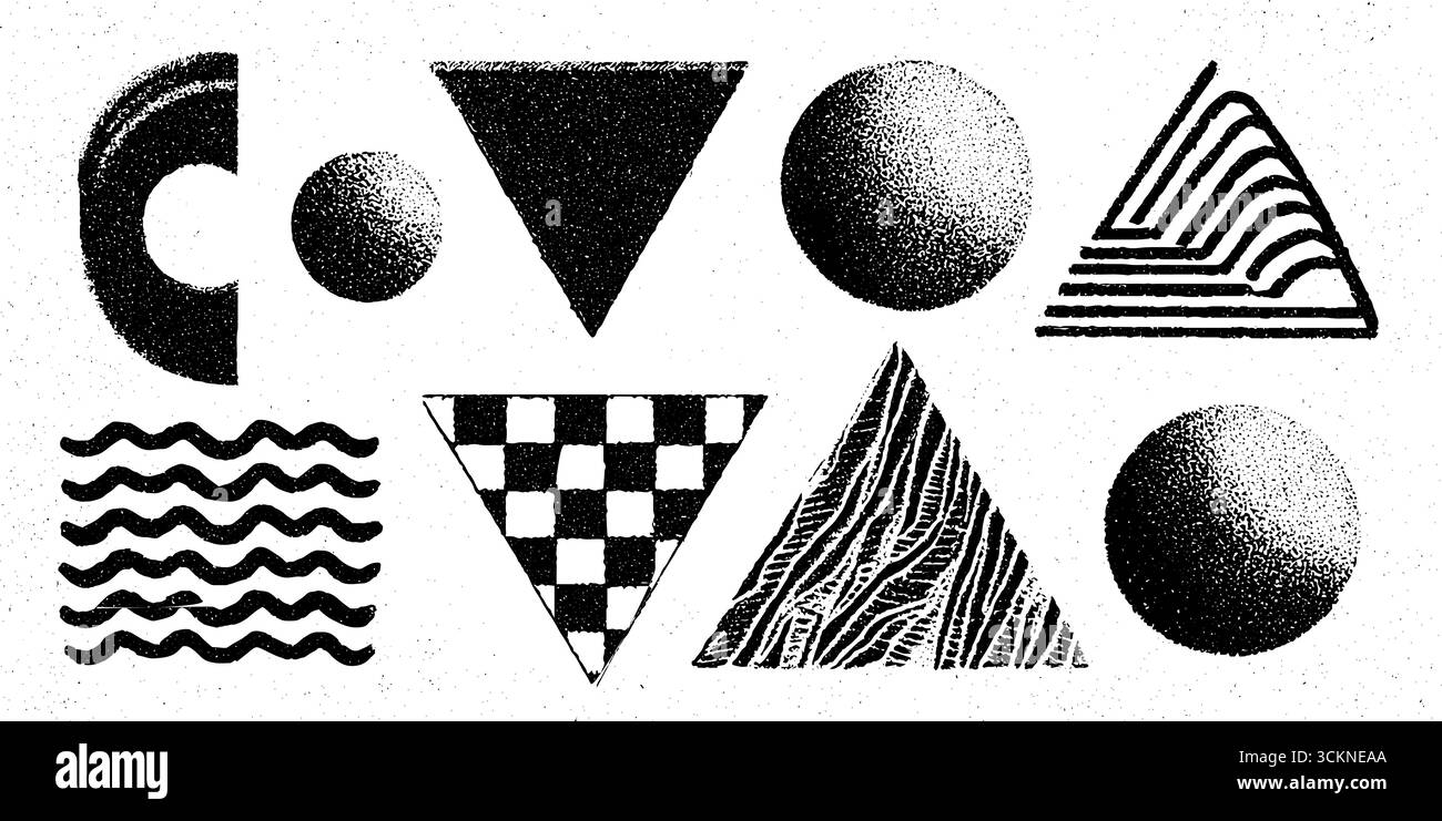 Retro engraved illustration set with bold geometric shapes and patterns ...