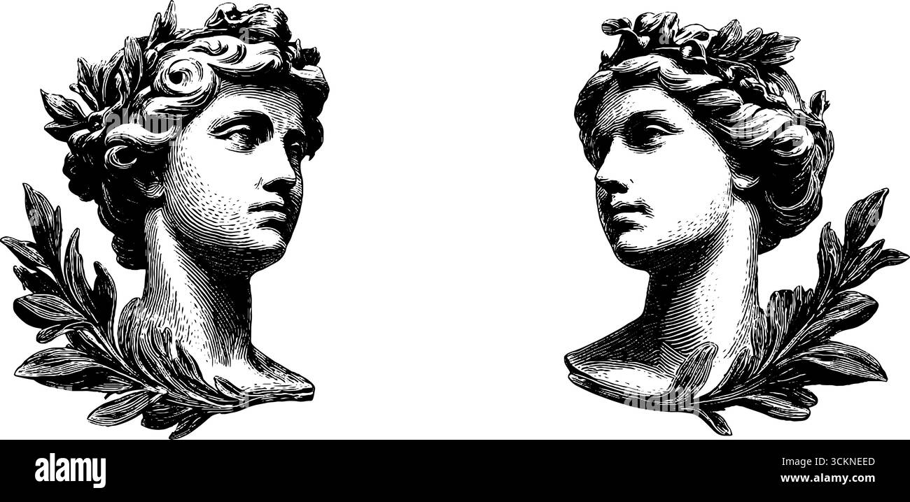Classic engraved sculptures of female busts with laurel wreaths Stock ...