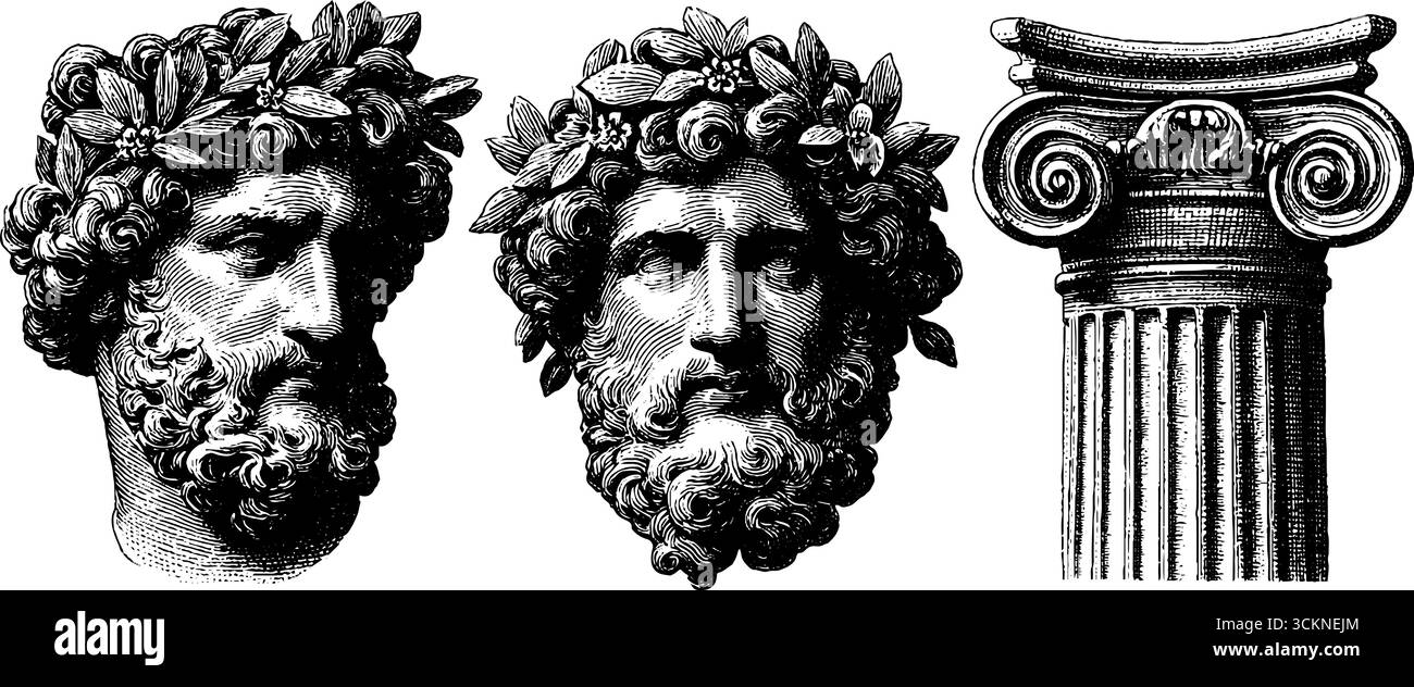 Classical engraved busts and column with curly hair and laurel wreaths ...