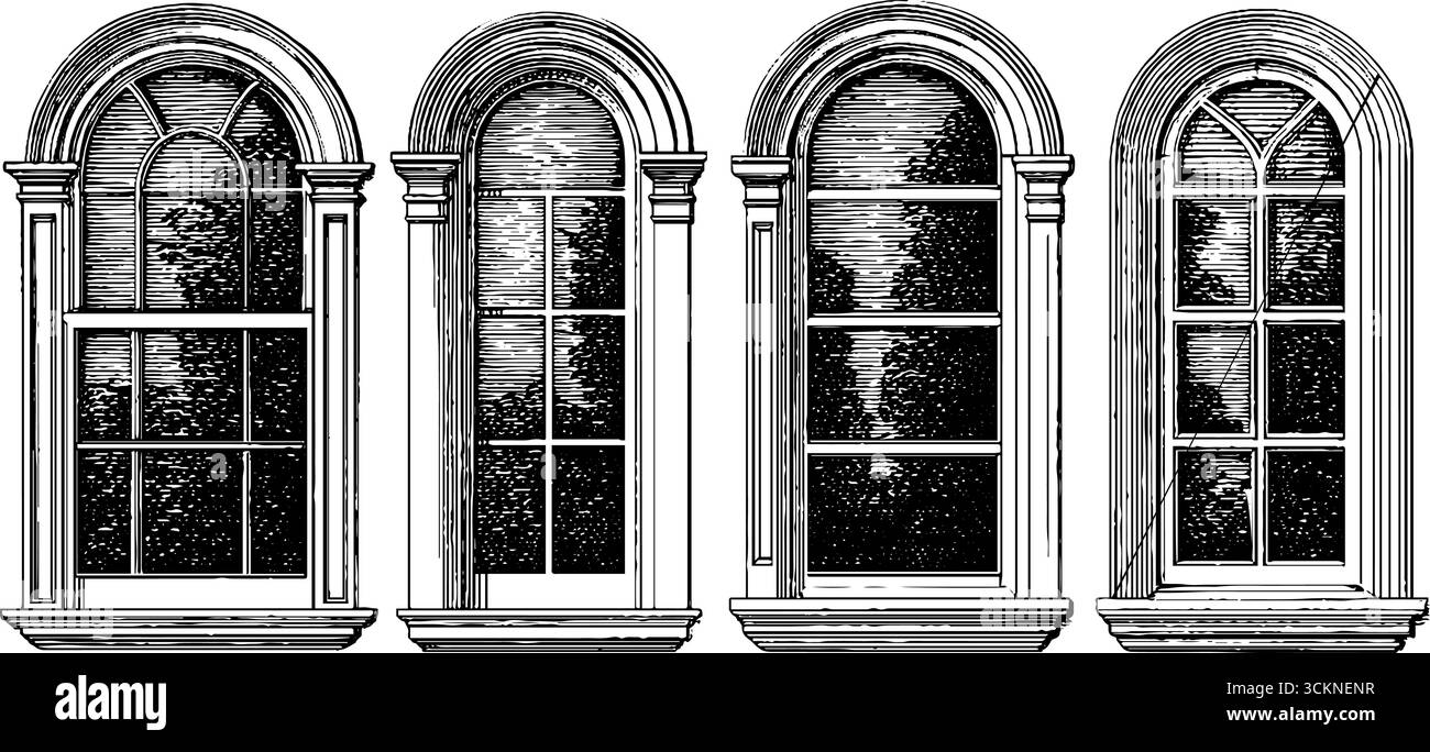 Engraved illustration set of federal style windows for architectural ...