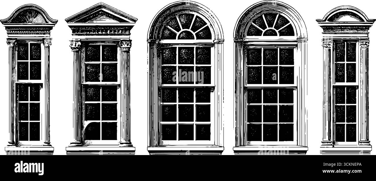 Engraved architectural illustration set of classic federal style window ...