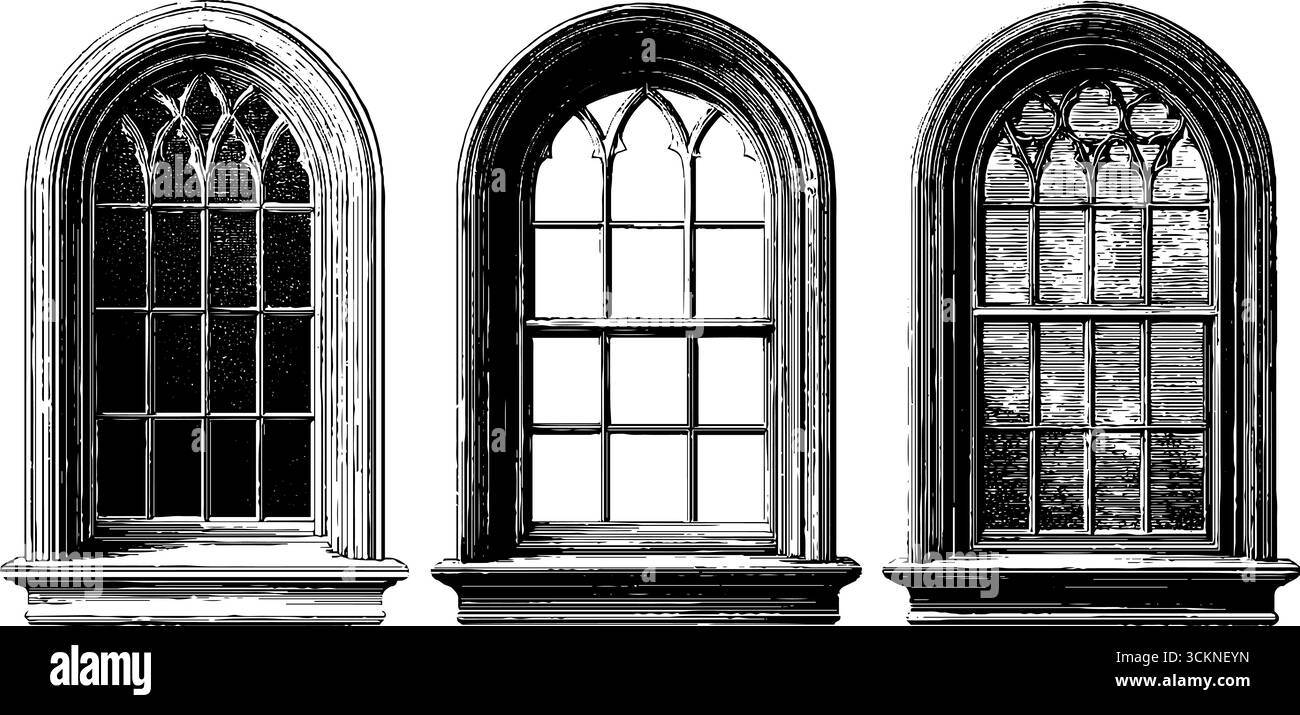 Vintage engraved illustration of queen anne style windows for ...