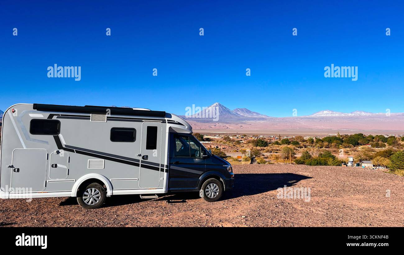 Modern RV motorhome while camping in mountain desert landscape in San ...