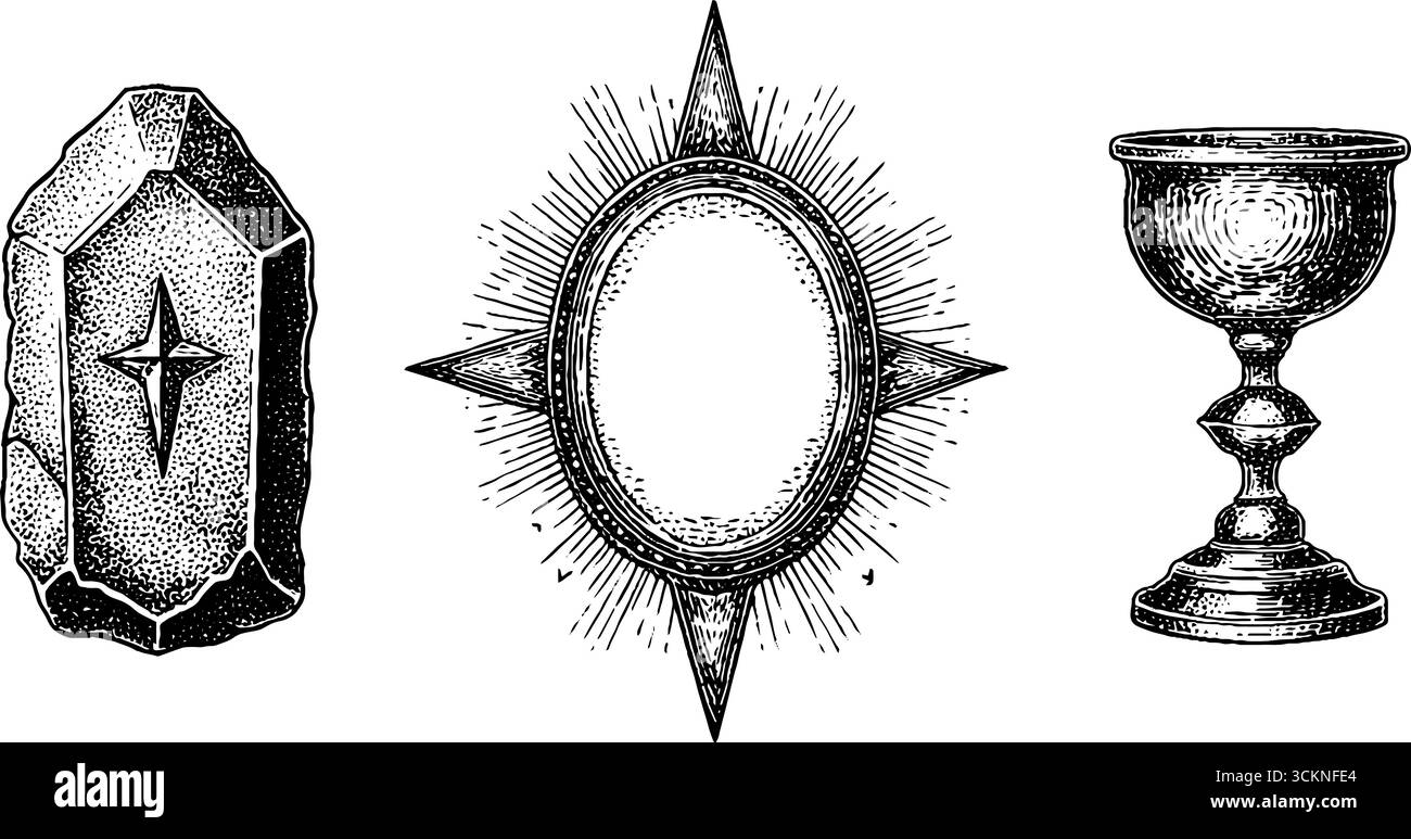 Engraved illustration set featuring runic keystone chalice and compass ...