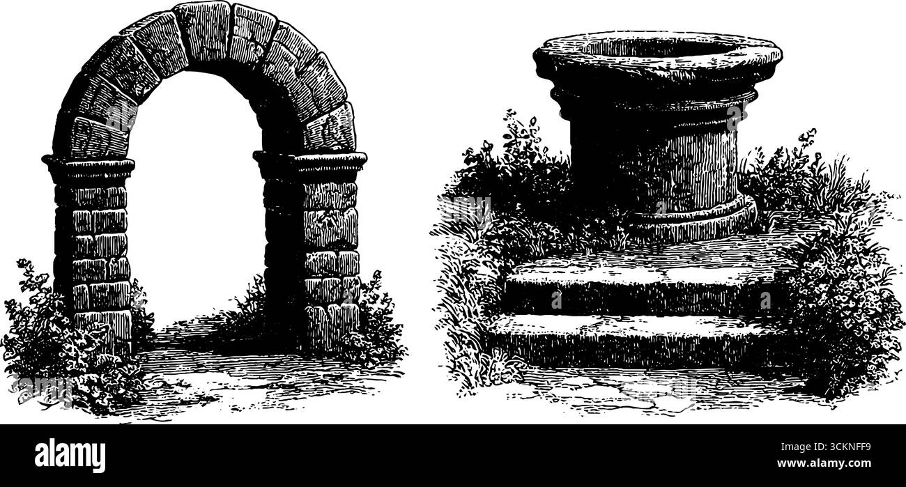Engraved illustration of ancient arched gateway and stone structure ...